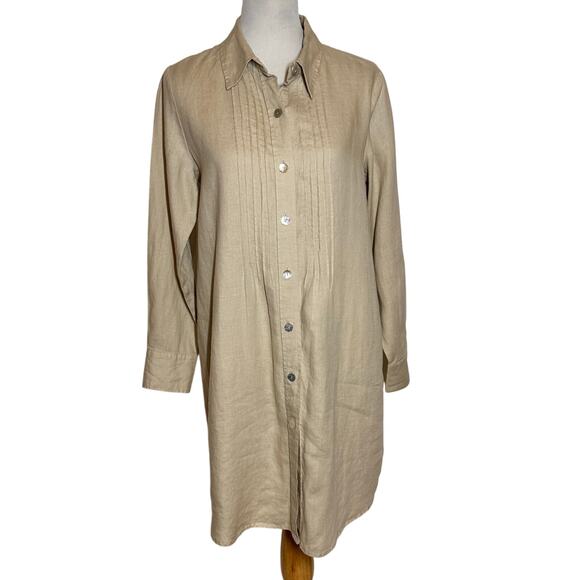 Kate Hill | Dresses | Kate Hill Beige Linen Shirt Style Midi Dress Sz 2 ...